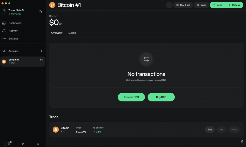 Nhận coin vào ví lạnh Trezor bằng Trezor Suite | Ví Tiền Bitcoin